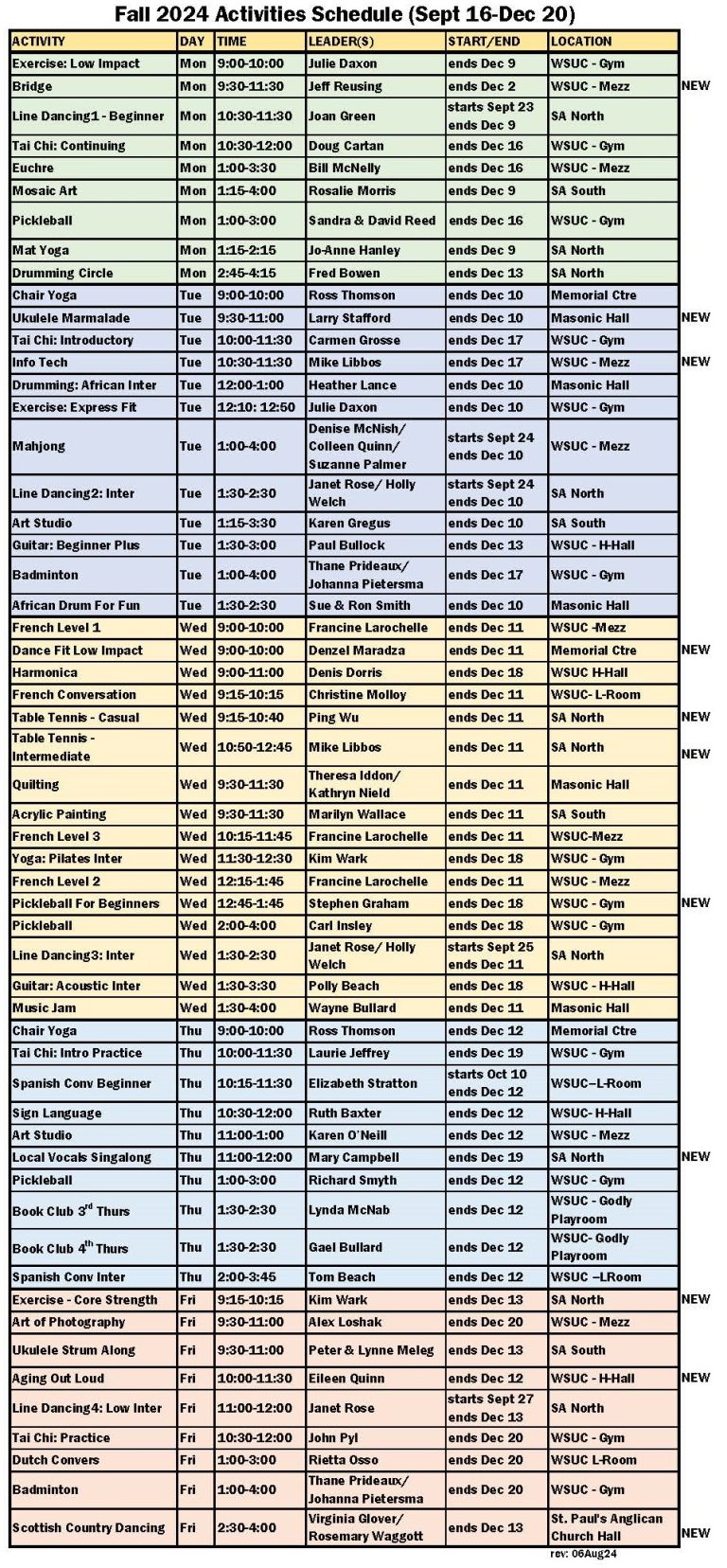 Activity Schedule – Fifty Plus Activity Centre