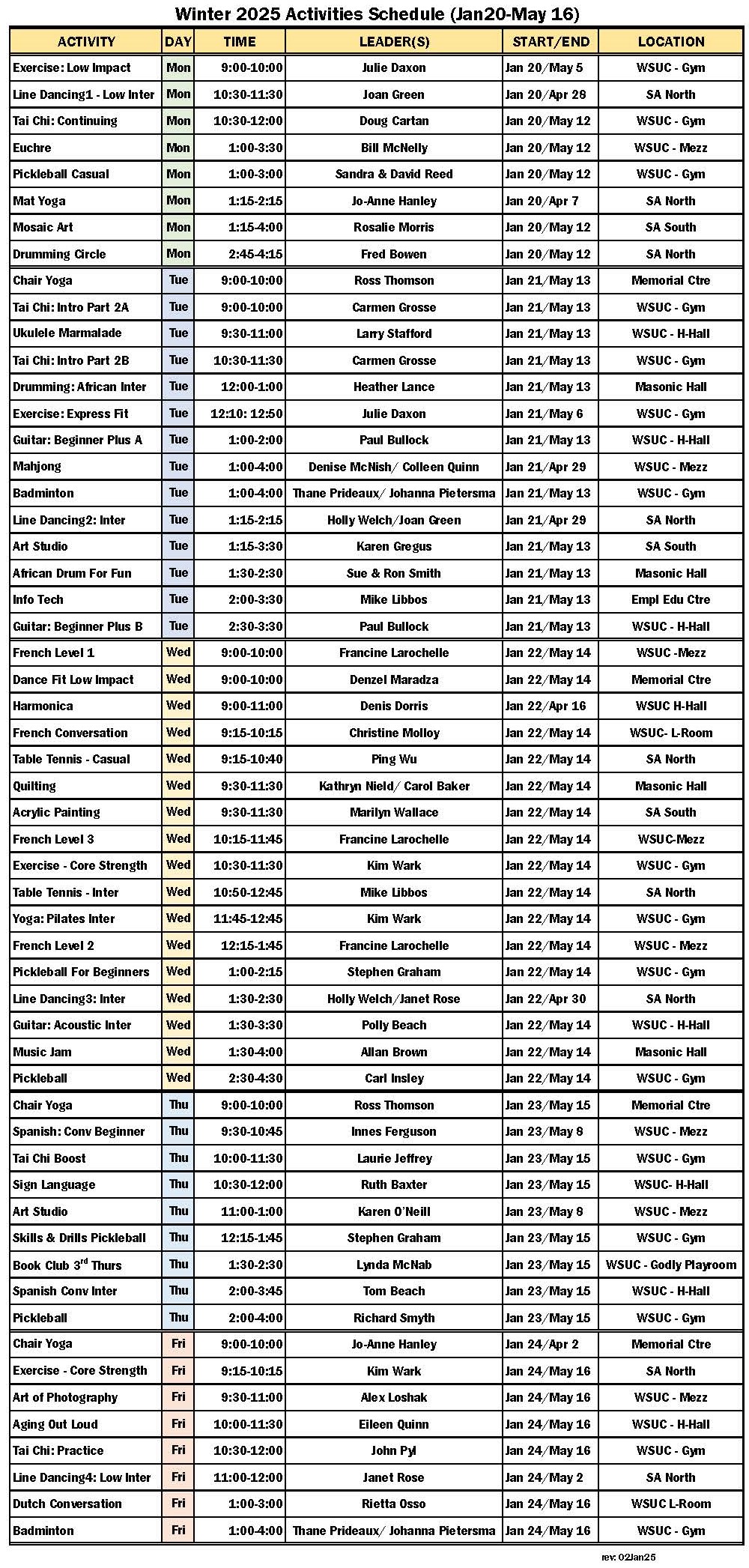 Activity Schedule – Fifty Plus Activity Centre