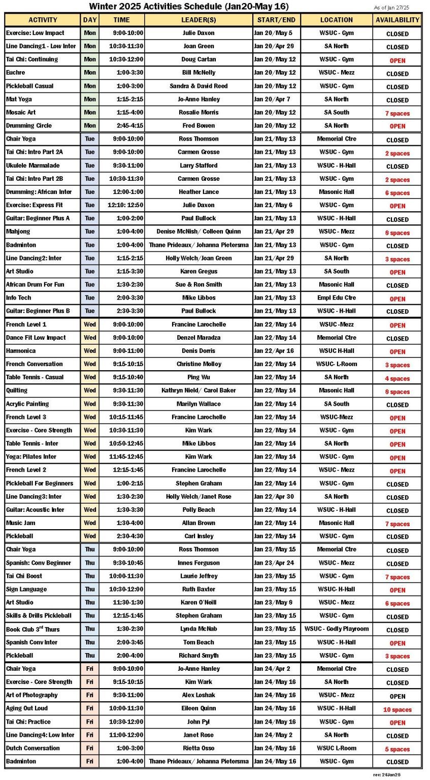 Activity Schedule – Fifty Plus Activity Centre