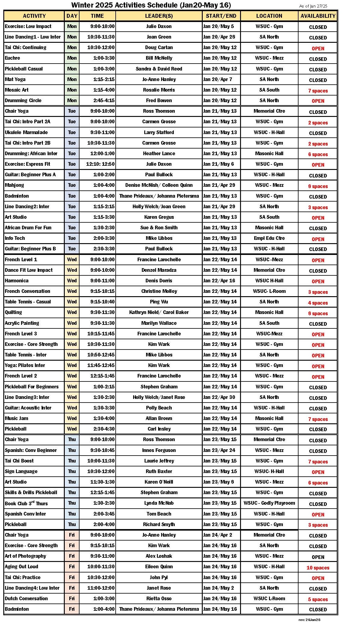 Activity Schedule – Fifty Plus Activity Centre